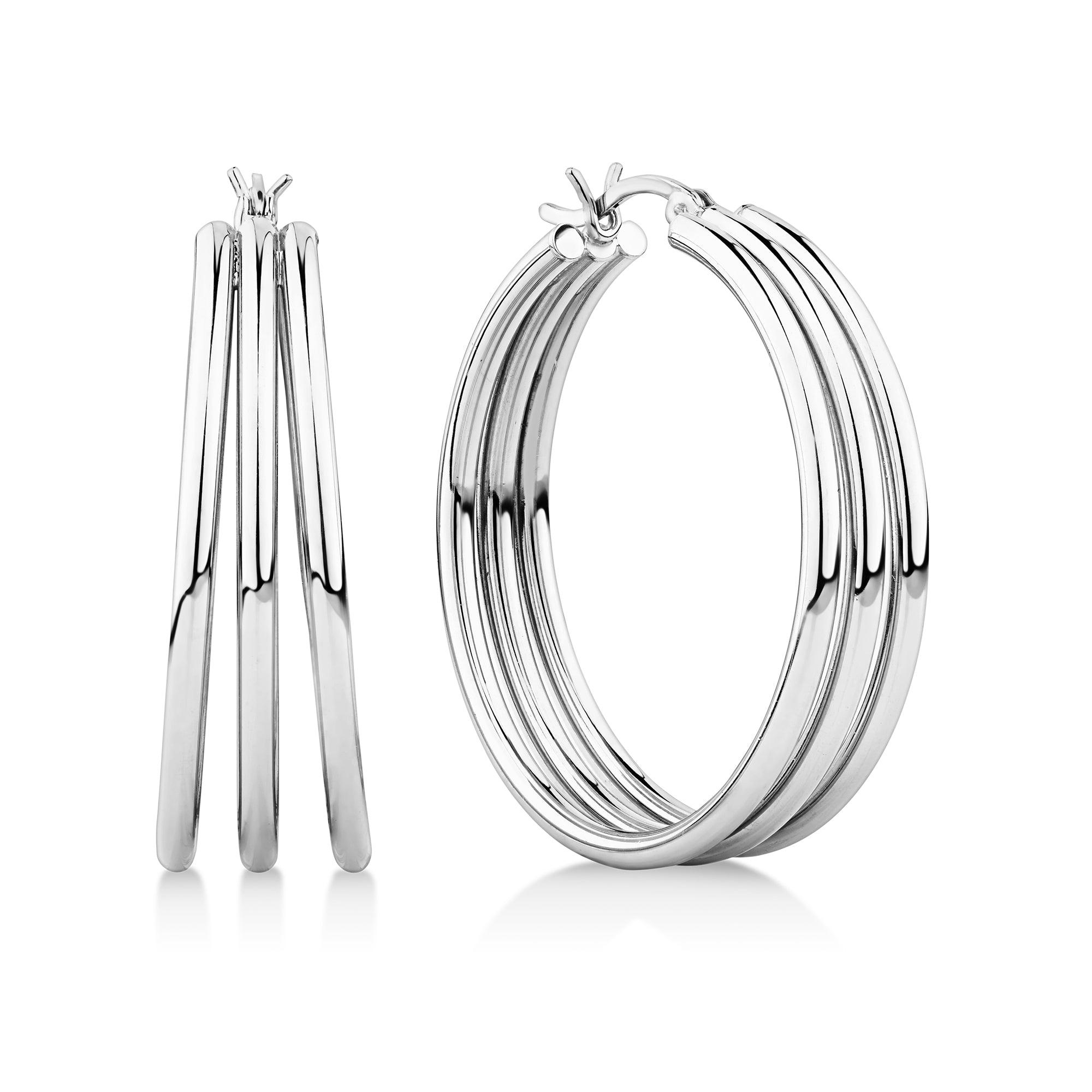 Three Row Hoop Earrings in Sterling Silver