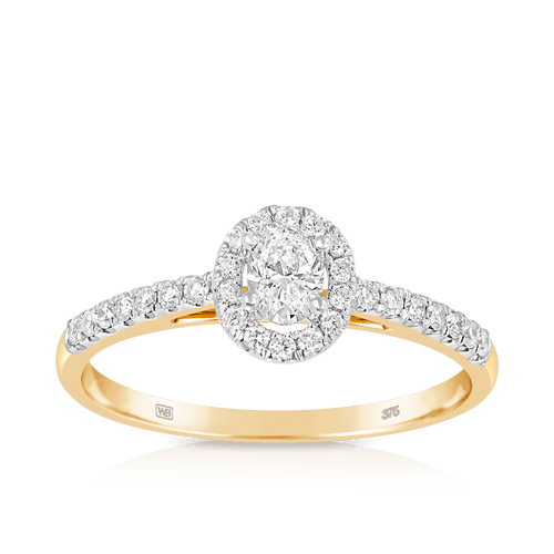 0 50ct Tw Oval Cut Diamond Halo Engagement Ring In 9ct Yellow Gold